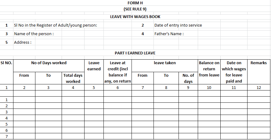 Form H - Leave with Wage Book - KA - S&E Act - ResolveIndia Resources